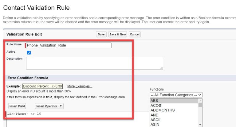 Validation Rule for Phone Number in Salesforce