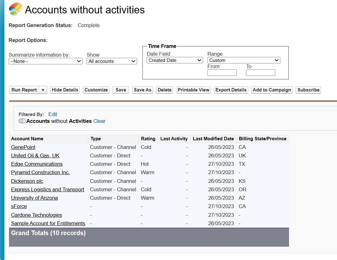 How to Create Report for Accounts with No Activities