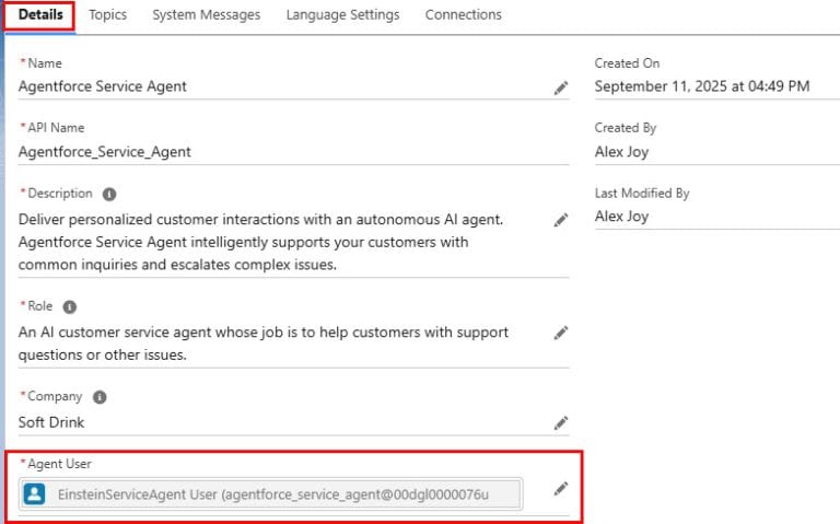 Einstein Service Agent User in Salesforce Agentforce