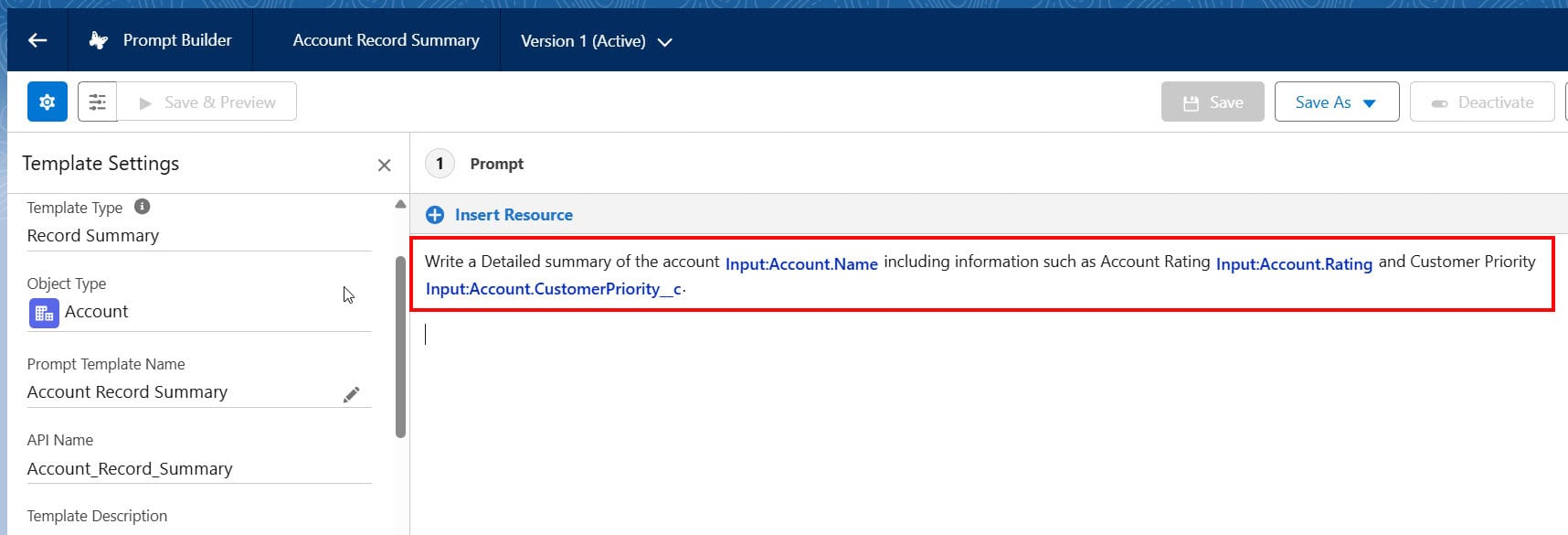Record Summary Prompt Template in Salesforce Agentforce